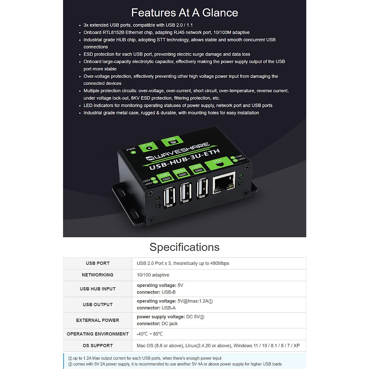 Waveshare Industrial Grade Multifunctional USB HUB Extending 3X USB Ports + 100M Ethernet Port Suitable for Industrial/Office Environments Requiring Higher Level Device and Network Connection