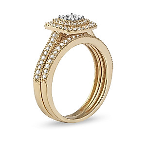 DZON IGI Certified 10k Yellow Gold 1/3CT TDW Round Cut Diamond Double Cushion Frame Cluster Bridal Jewelry Set Love Gift for Women (I-J,I2)