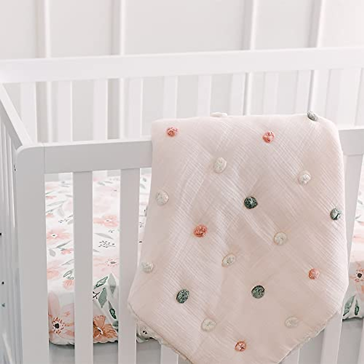 Crane Baby Blanket, Soft Cotton Pom Pom Nursery and Toddler Blanket for Boys and Girls, Light Pink, 36” x 36”