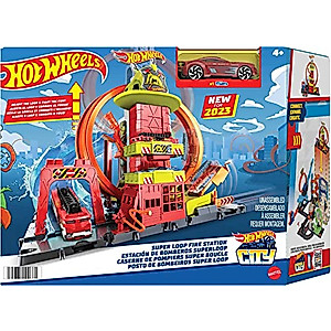 Hot Wheels Toy Car Track Set City Super Loop Fire Station & 1:64 Scale Firetruck, Connects to Other Sets