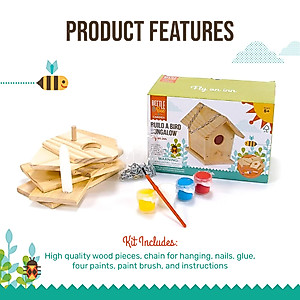 Beetle & Bee Build A Bird Bungalow - DIY Kid Art Craft Outdoor Birdhouse Kit, House Painting Kit for Kids, Hardware Glue Included- 4 Paints, 1 Brush, 7 Wooden Pcs, Chain For Tree Hanging Age 5+