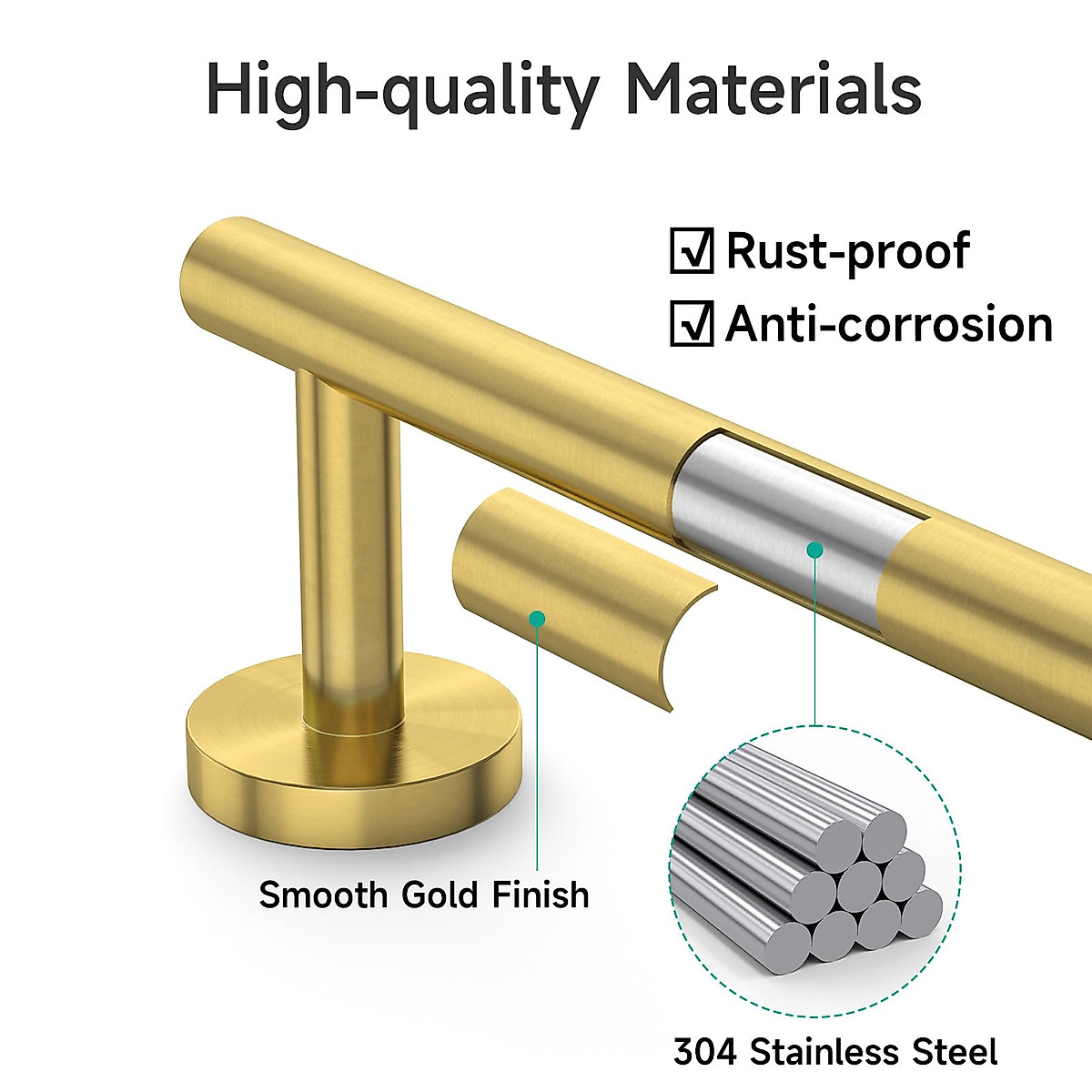 USHOWER Brushed Gold Towel Bar, 24-Inch Towel Racks for Bathroom Wall-Mounted, SUS304 Stainless Steel Towel Rod (Total Length 26-Inch)