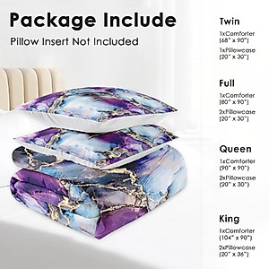 SUMIANYH Twin Size Comforter Set with Pillowcase, Blue Purple Marble Stone, Bedroom Decor Dye Green Gold Flower Leaf Watercolor Abstract Cozy Bedding for Kids and Adults, Soft Bed Set