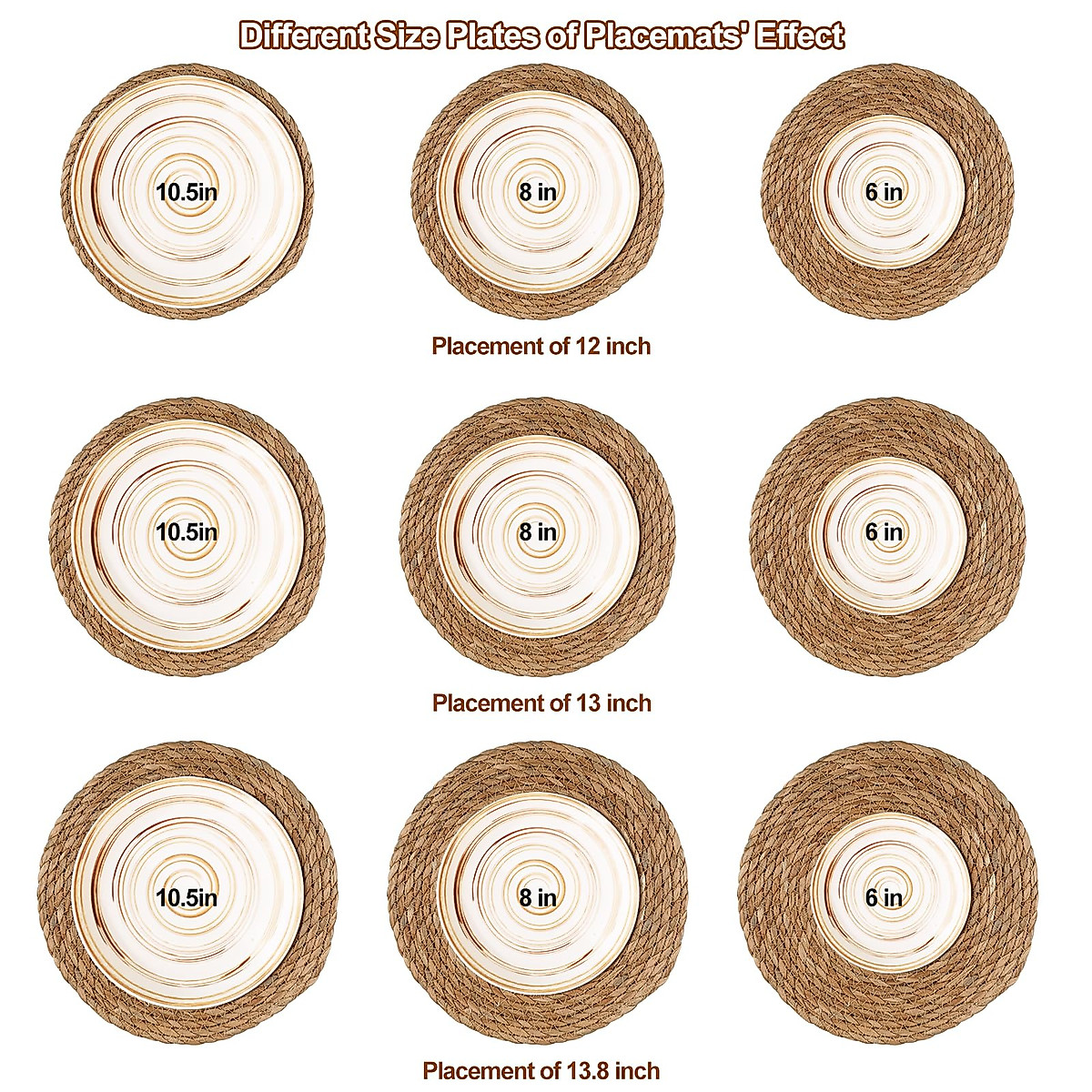 Round Woven Placemats Set of 10, 12" Boho Rattan Placemats Natural Hand-Woven Water Hyacinth Placemats, Farmhouse Weave Place Mats, Rustic Braided Wicker Table Mats for Dining Table,Home,Wedding