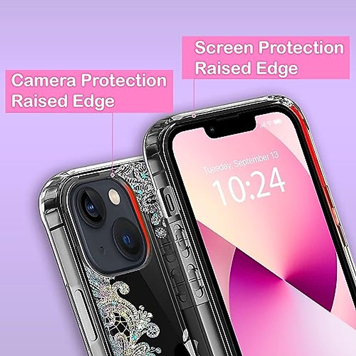 Coolwee Anti Yellowing Clear Glitter Compatible iPhone 14 Case, 6.1 inch, Military Grade Drop Protection Slim Crystal Lace Bling Floral Hard PC Soft TPU Bumper Cover Mandala Henna