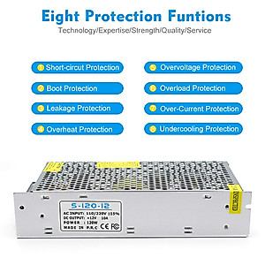 inShareplus 12V 10A 120W, DC Universal Regulated Switching Power Supply, 100-240V AC to DC 12 ...