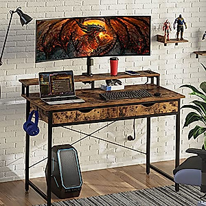 Rolanstar Computer Desk with 2 Drawers and Power Outlet, 47" Home Office Writing Desk with Monitor Stand, Workstation Table with Stable Metal Frame, Rustic Brown