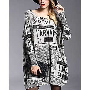 ellazhu Women's Autumn Long Sleeve Printed Newsprint Crew Neck Sweater Sweatshirt DH40 Grey