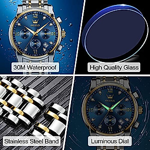 OLEVS Blue Quartz Watches for Men Big Dial Analog Chronograph Watch Easy Read Roman Numeral Mens Silver Gold Stainless Steel Strap Watches with Date Water Resistant Luminous Hands Diamond Watch Men