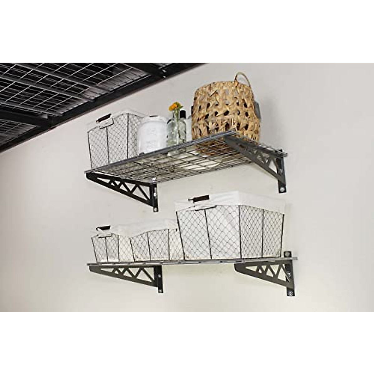 MonsterRax | Garage Wall Shelf Two-Pack White or Hammertone | Three Size Options | Includes Bike Hooks | 300lb Weight Capacity (Hammertone, 12"x36")