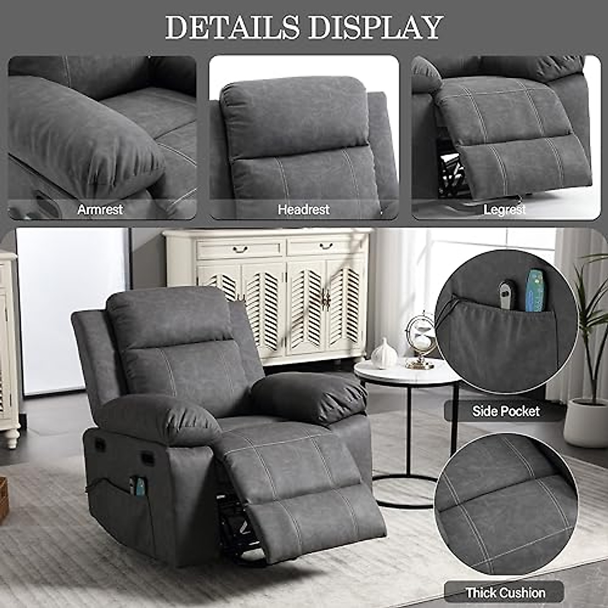 JEEOHEY Recliner Chair, Electric Power Lift Chair,Upholstered PU Leather Massage Chair Recliner Sofa with Heated,Adjustable Modern Reclining Chair for Elderly Adults(Grey)