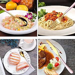 AARAINBOW 7 Pieces Stainless Steel Flatware Set Portable Reusable Cutlery Set Travel Utensils Set Including Chopsticks Knife Fork Spoon Straws Cleaning Brush Dishwasher Safe (7 Pink Golden)