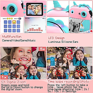 Instant Print Camera for Kids,Inkless Sticker Printer for Girls Boys Age 3-12, 20MP HD Digital Video Cameras, Mini Thermal Printer Kid Toy with 3 Rolls Photo Paper, 5 Color Pens, 32GB Card-Pink