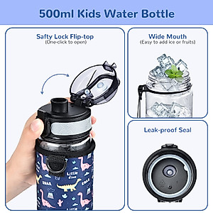 UTEBIT 16oz Kids Water Bottle, BPA Free Insulated Water Bottle with Straw, Plastic Sport Water Jug, 500ml Leakproof Dinosaur Kids Cup with Sleeve, Strap, Pouch for School Boys Girls