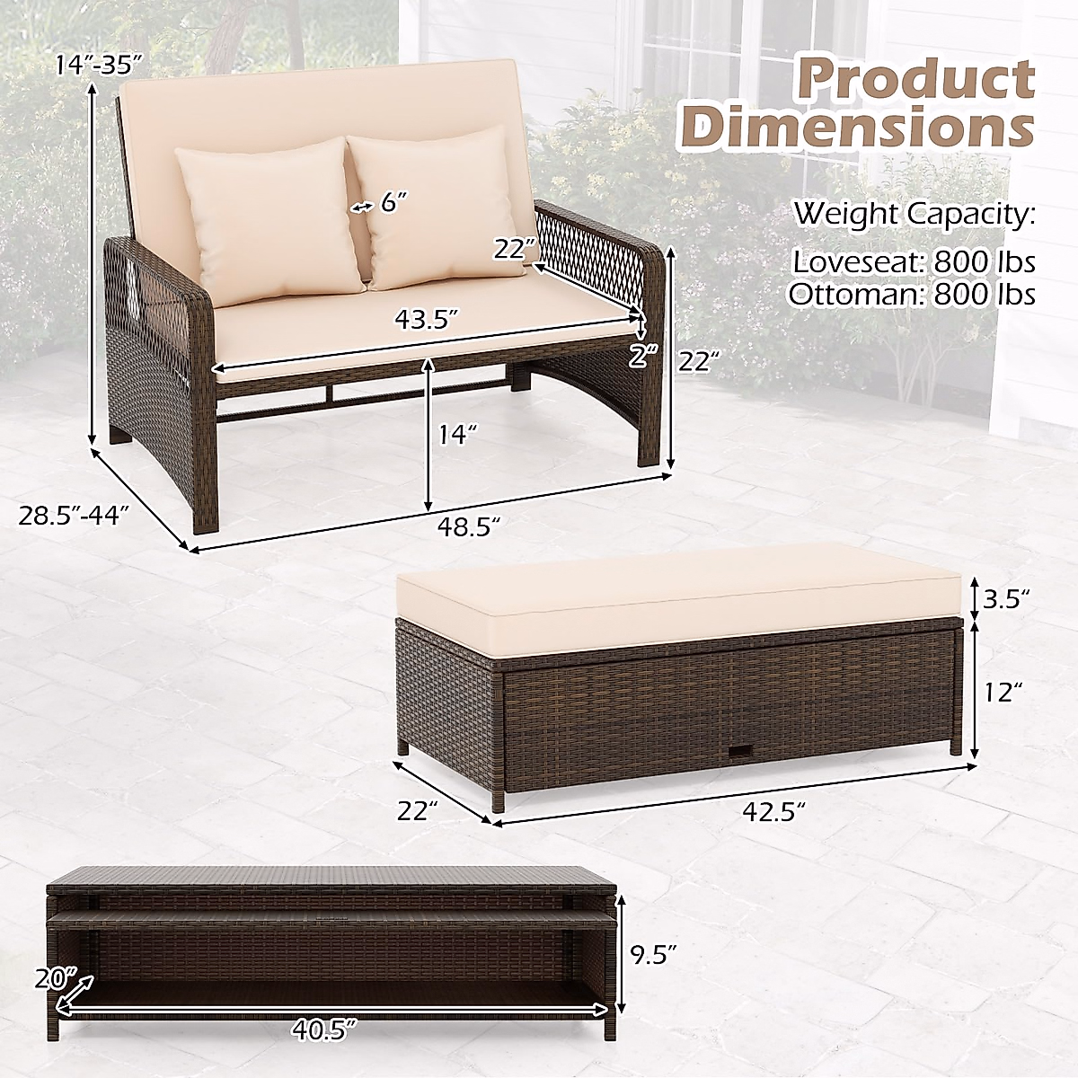 Tangkula Patio Adjustable Wicker Daybed, Rattan Loveseat & Storage Ottoman w/ 4-Level Backrest & Soft Cushions, Space-Saving 2-Person Sun Lounger for Backyard, Porch (Beige)