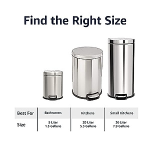 Amazon Basics Round Cylindrical Trash Can With Soft-Close Foot Pedal, 20 Liter/5.3 Gallon, Brushed Stainless Steel