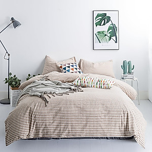 SUSYBAO Tan Gingham Duvet Cover Queen 100% Washed Cotton Beige Plaid Duvet Cover Set 3 Pieces Set 1 Soft Checkered Grid Duvet Cover with Zipper Ties 2 Pillowcases Luxury Farmhouse Gingham Bedding Set
