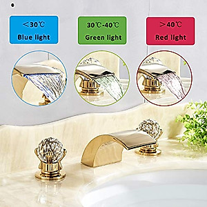 NeierThodore LED Widespread Bathroom Faucet Waterfall Gold Polished Lavatory Faucets Basin Mixer Tap 2 Crystal Knobs 3 Holes