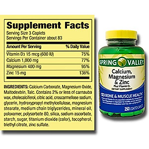 Calcium Magnesium & Zinc Plus - Vitamin D3 Coated Caplets | 250 Caplets | Spring Valley - Healthy Bones, Teeth, Nerve, Muscle, Heart & Immune Function + Vitamin Pouch and Guide to Supplements