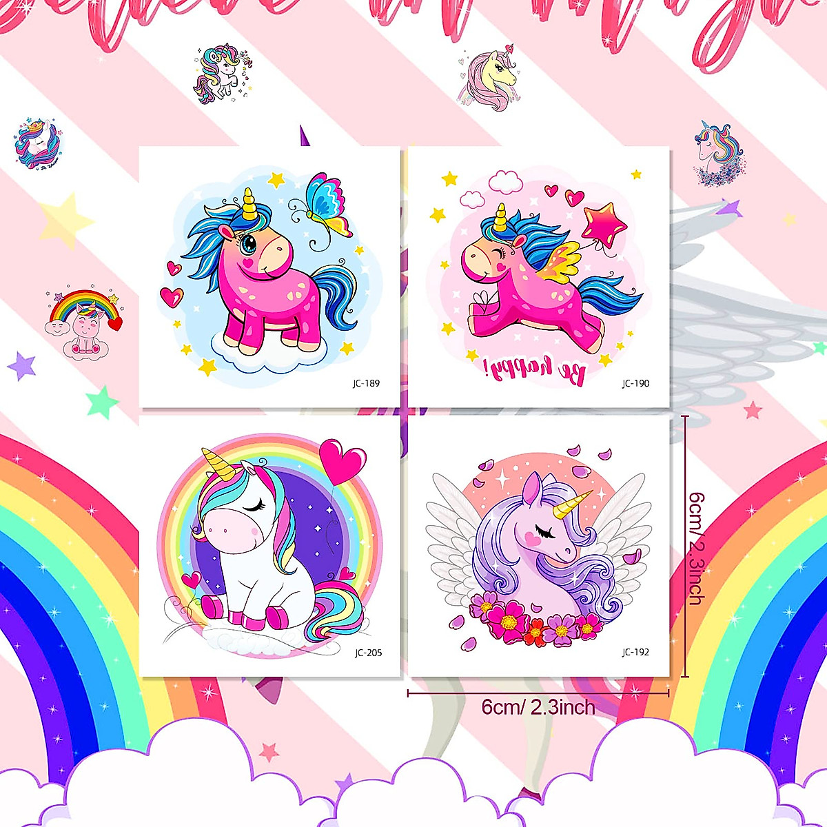 Konsait Temporary Tattoos Kids Party Decorations, 48 Sheets Fake Tattoos Games Gifts for Girls Children's Birthday Party Favors Goodie Bag Fillers Rainbow Party Supply