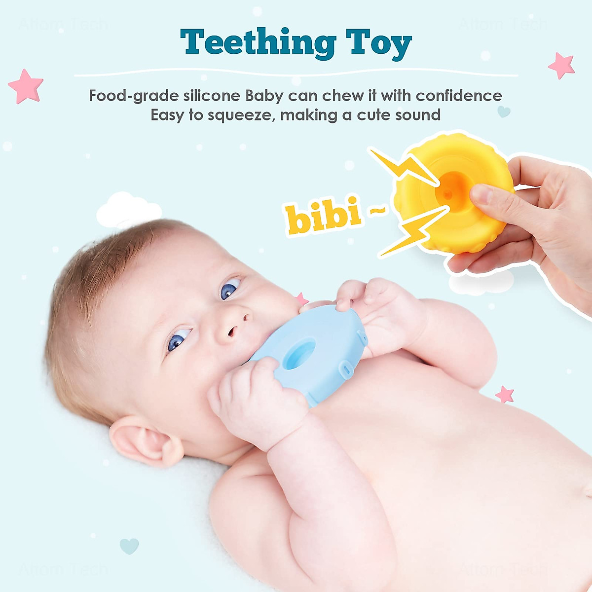 NiToy 6PCS Stacking & Nesting Building Ring Teether Stacker Toy for Boys and Girls, Educational Rainbow Tower Wheels Soft Silicone Circle Squeeze Toy with Letter Number Graphic Engaging Early Learning