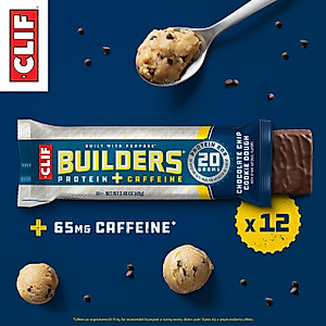 CLIF Builders + Caffeine - Chocolate Chip Cookie Dough Flavor - Protein Bars - Gluten-Free - Non-GMO - Low Glycemic - 20g Protein - 2.4 oz. (12 Count)
