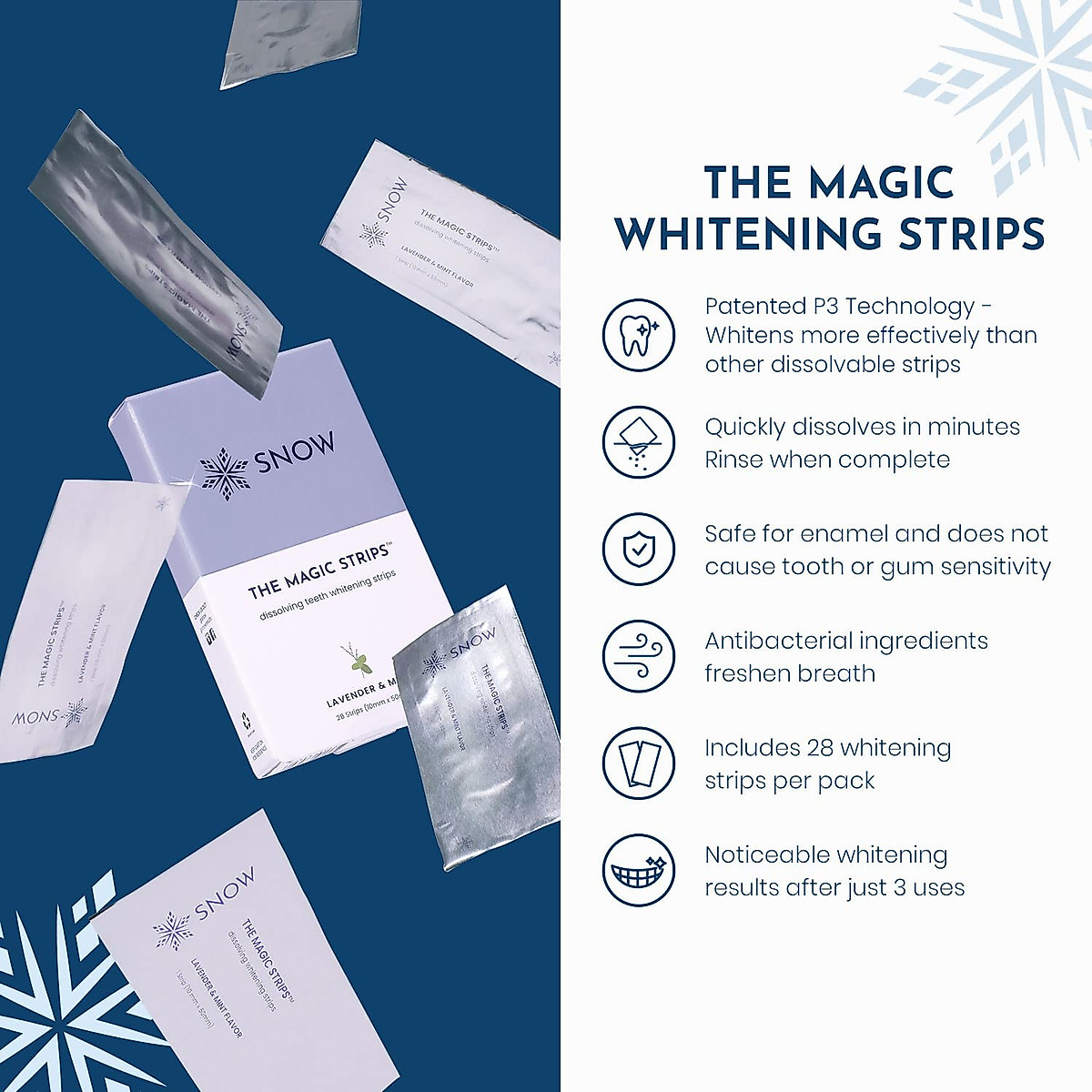 Snow The Magic Strips - Safe for Enamel Dissolving Teeth Whitening Strips - Mess-Free Portable Teeth Whitener for Oral Care with Lavender & Mint Flavor, Whitening Strips for Teeth, 1 Pack of 28 Strips