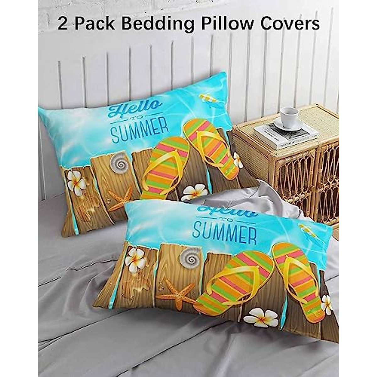 Edwiinsa Hello Summer Pillow Covers King Standard Set of 2 20x36 Bed Pillow, Tropical Ocean Starfish Slippers Spring Floral Plush Soft Comfort for Hair/Skin Cooling Pillowcases with Envelop Closure