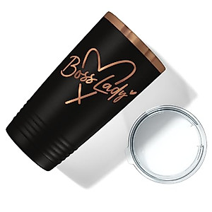 Boss Lady Big Heart Tumbler Birthday Gifts for Women, Coworker, Boss on Black with Ion Rose Gold Design 20 oz Stainless Steel Insulated Cup with Lid - Travel Mug for Mom