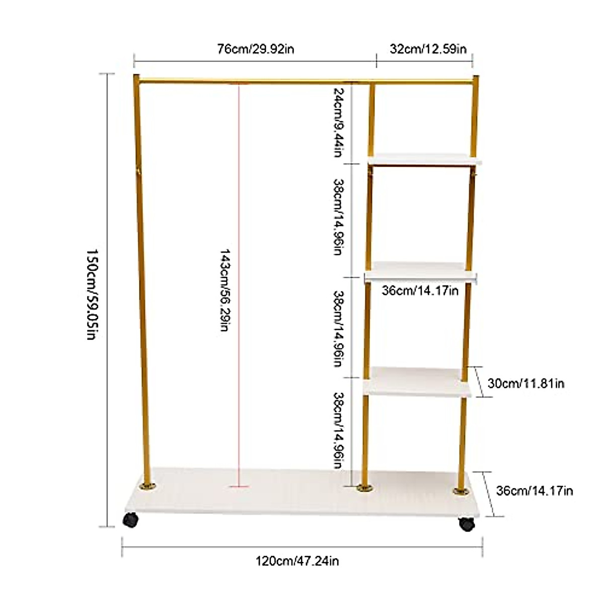 PIAOCAIYIN Garment Rack, Rolling Clothes Organizer with Wheels, Square Clothes Rack Display Holder, Gold Metal Storage Shelf, Portable Clothing Garment Rack for Home Store Wedding