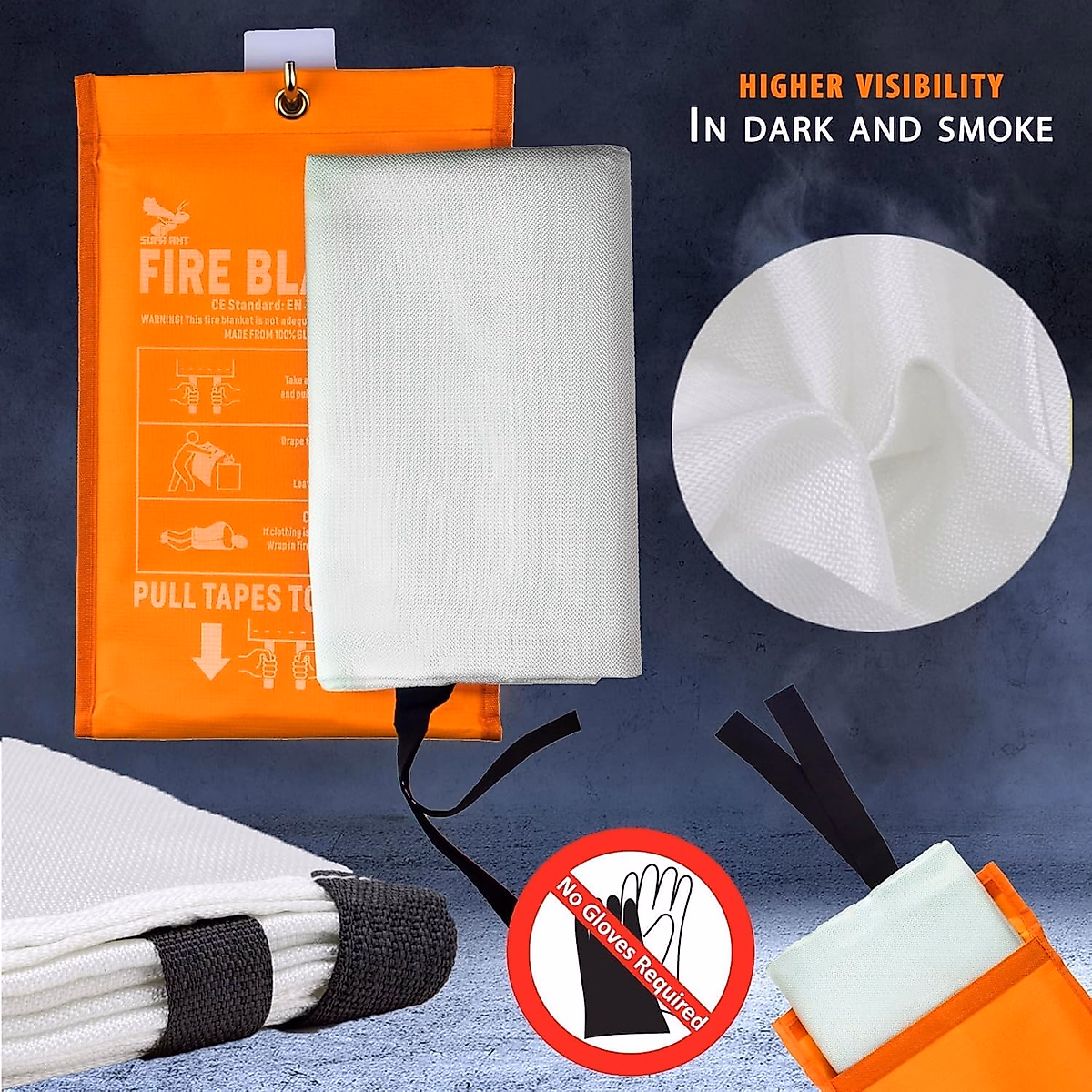 Supa Ant Emergency Fire Blanket for Home and Kitchen - 4 Pack 1500F High Visibility (Glow in The Dark) Smother Kitchen Fire Blanket - CE Certified Hero Fire Blankets Emergency for Home (40in)