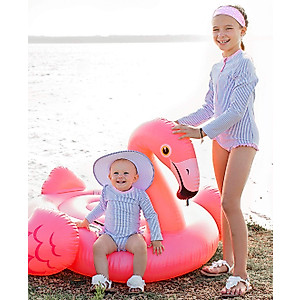 RuffleButts® Baby/Toddler Girls Long Sleeve One Piece Swimsuit - Blue Seersucker with UPF 50+ Sun Protection - 12-18m