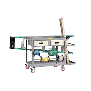 Little Giant RC2448-5PYTL2DR Electrician's Bulk Handling Wire Reel Cart with Five Spool Holder Rods and Locking Storage Drawers, 54" Length, Gray Finish