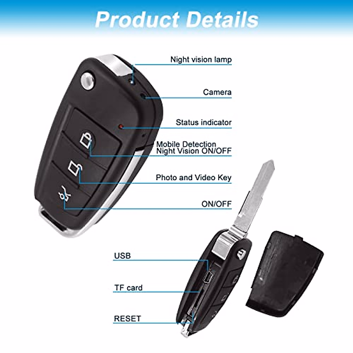 HD 1080P Mini Car Key Camera Video Spy Cam, Portable Small Security DVR Cam with IR Night Vision/Motion Detection,Mini Recording Device for Indoor & Outdoor No Needed WiFi No Audio
