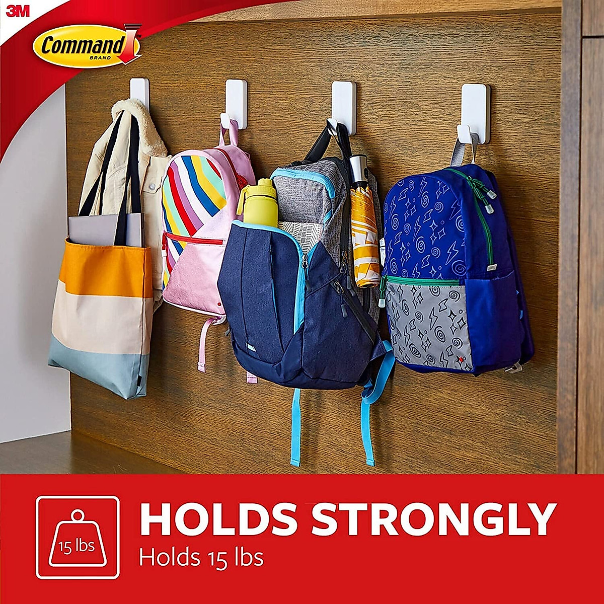 Command 15 Lb XL Heavyweight Wall Hook, Damage Free Hanging Wall Hook with Adhesive Strips, Heavy Duty Single Wall Hook for Hanging Back to School Organizers, 2 White Hooks and 8 Command Strips