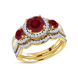 GEMVIO Collection Three Stone Ring, Round Cut Lab Created Ruby Gemstone & Natural Diamond Halo Bridal Set Engagement Ring In 14K Yellow Gold Over Sterling Silver Wedding Band Ring-8