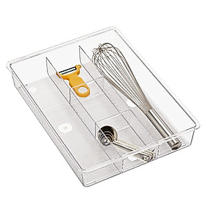 mDesign Adjustable, Expandable Plastic In-Drawer Utensil Organizer Tray Deep 3 Section Divided for Kitchen Organization; Holds Cutlery, Flatware, Silverware, Cooking Utensils, Ligne Collection, Clear