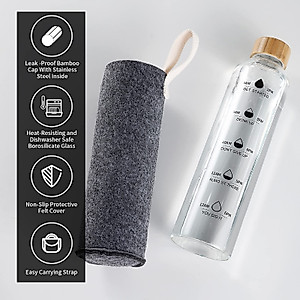 ZEBEIYU 32oz Glass Water Bottle,Borosilicate Glass Drinking Bottles with Time Marker,Bamboo lids,Felt Sleeve,Dishwasher Safe,Reusable,Leak-Proof,BPA Free for Office,Sports,Gym,Travel (Pack1)