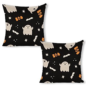 Halloween Cartoon Ghost Bats Throw Pillow Covers 18×18 Pillowcases Set of 2 Spider Boo Linen Decorative Square Pillow Case Cushion Covers Standard Size for Sofa Couch Outdoor Bed Pillow Protectors