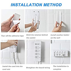 ACKLLR 4 Pack Self Adhesive Power Strip Holder Fixator Wall Mount Plug-in Socket Fixer Bracket Stand with 16 Pcs Cable Organizer Clips Clear for Remote Control Router Desk Computer Kitchen Home Office