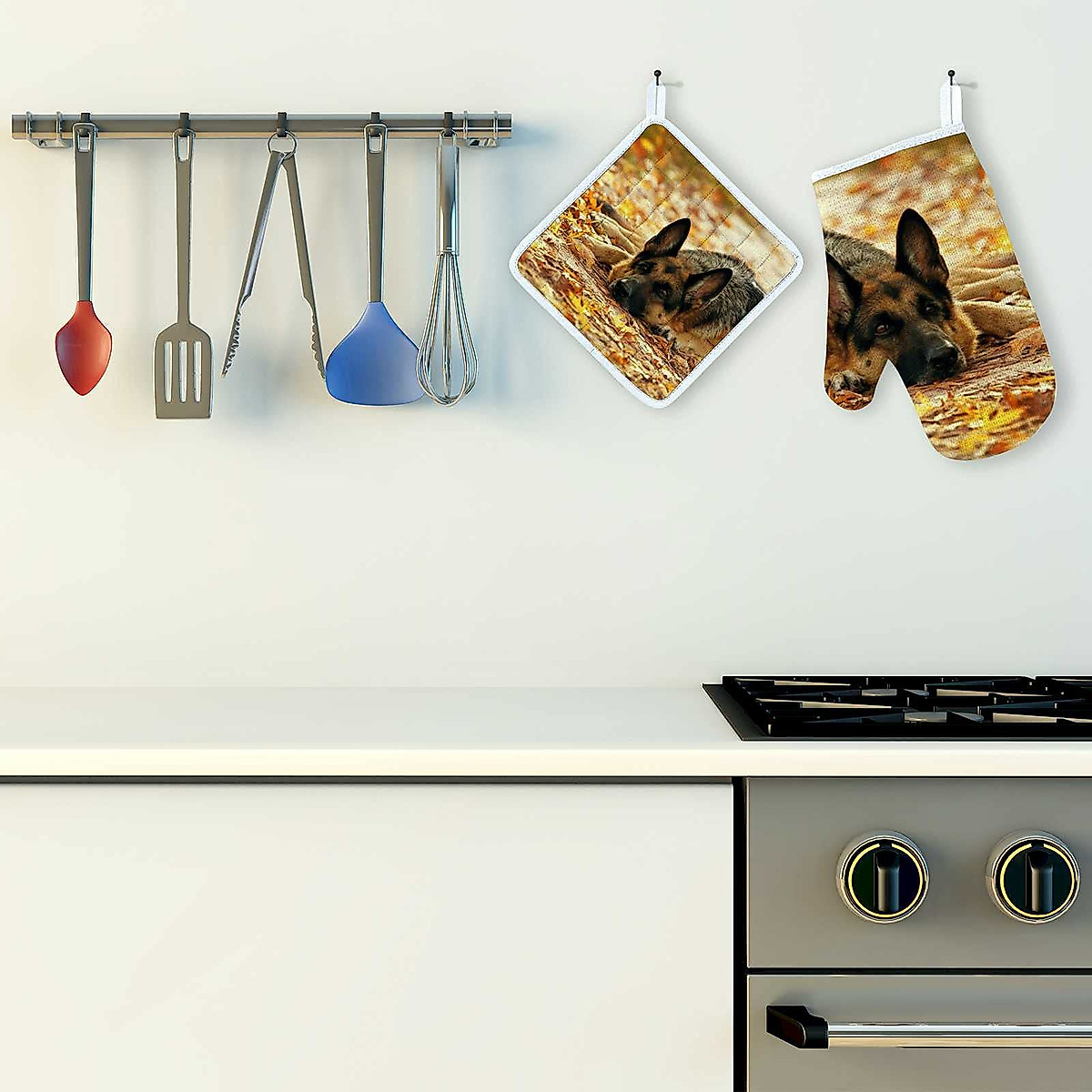 My Daily Kitchen Apron with Pockets, Oven Mitt and Pot Holder Set, German Shepherd Dog Adjustable Cooking Apron, Microwave Glove, Potholder, 3 Piece