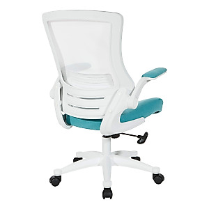 Office Star Ventilated White Screen Back Manager's Office Chair with Padded Color Flip Arms with White Nylon Base, Linen Turquoise Fabric