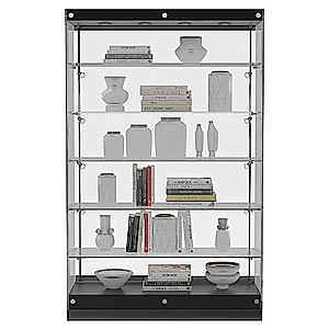 Displays2go 4’ Frameless Glass Showcases with LED Lighting, Adjustable Shelves, Locking, MDF – Black (GTAP48LEDB)