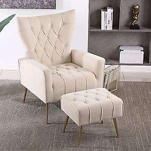 Modern Velvet Accent Chair with Ottoman, Elegant Wingback Armchair with Gold Metal Legs, Comfy Upholstered Single Leisure Sofa Reading Chair for Living Room Bedroom Club Apartment Home Office (Beige)