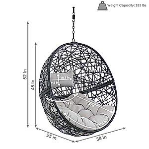 Sunnydaze Jackson Hanging Egg Chair - Resin Wicker - Modern All-Weather Construction - Outdoor Lounging Chair - Large Basket Style with Removable Gray Cushions