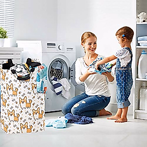 visesunny Collapsible Laundry Basket Corgi Dog with Bone Cartoon Animal Large Laundry Hamper with Handle Toys and Clothing Organization for Bathroom, Bedroom, Home, Dorm, Travel