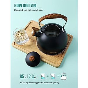 Tea Kettle, BELANKO 85 OZ / 2.5 Liter Whistling Tea Kettle, Tea Pots for Stove Top Food Grade Stainless Steel with Wood Pattern Folding Handle, Loud Whistle Kettle for Tea, Coffee, Milk - Black