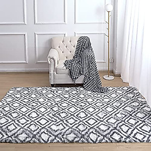 Iplusmall Area Rugs for Living Room Bedroom, 5x8 Feet Modern Shag Rug, Fluffy Large Nursery Rug, Plush Accent Rugs for Girls Kids Room,Baby Nursery Decor,Geometric Rug,Trellis Rug,Floor Rug White