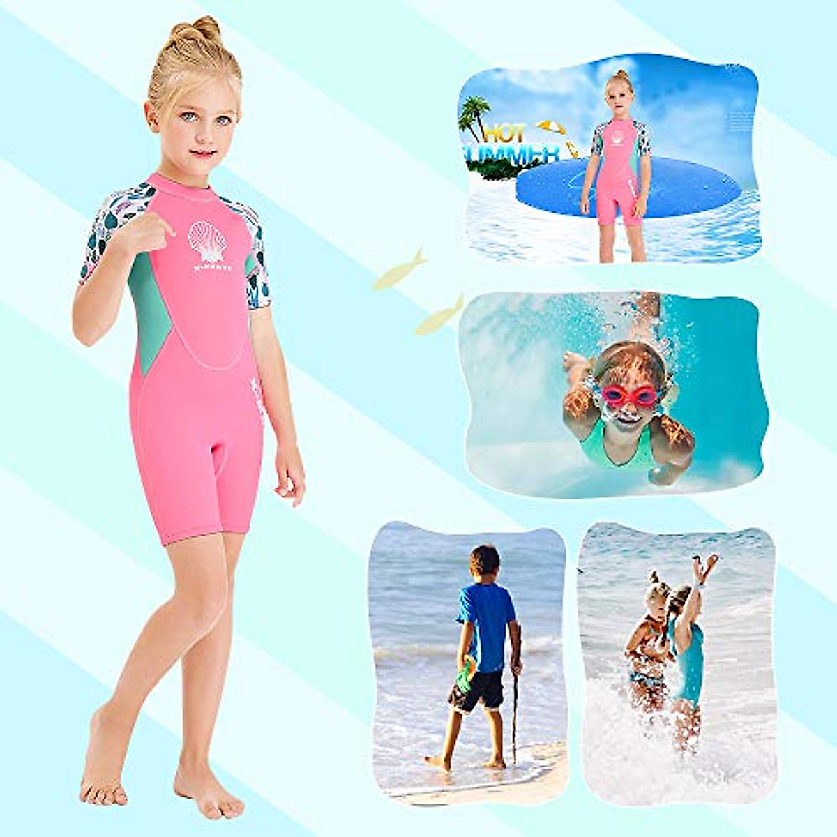 Wetsuit Kids Shorty Neoprene Thermal Diving Swimsuit 2.5MM for Girls Boys Child Teen Youth Toddler, One Piece Children Rash Guard Swimming Suit UV Protection Sunsuit for Surfing (Girl Pink, M)