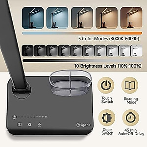 rigors LED Desk Lamp for Home Office - Dual Swing Arm Desk Light with USB Charging Port,Eye-Caring Foldable 5 Color Modes 10 Brightness Levels Dimmable Desk Lamp for College Dorm Room (Black)